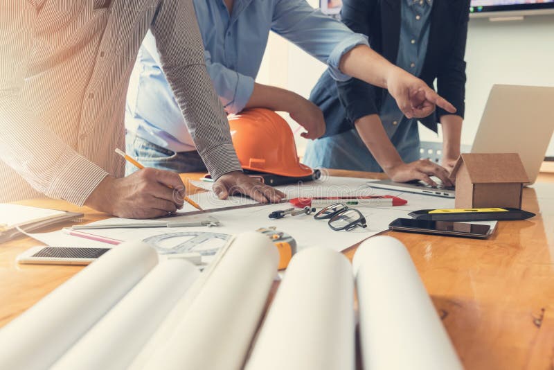 Engineer Architects Office Team Working with Blueprints, Vintage Effect ...