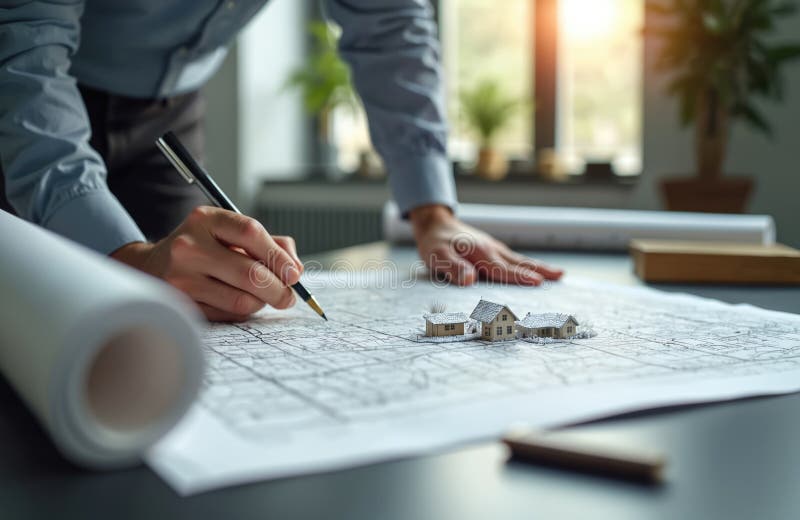 Engineer Architect Drawing Building Project on City Map. Construction ...