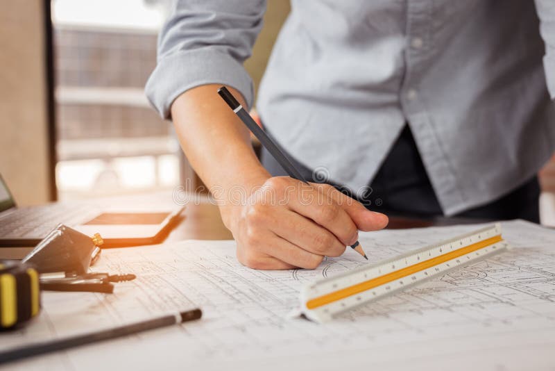 Engineer or Architect Hand Sketch the Drawing Construction Building on ...