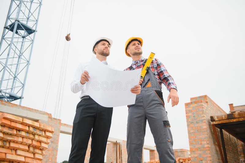 Engineer Architect with Hard Hat and Safety Vest Working Together in ...