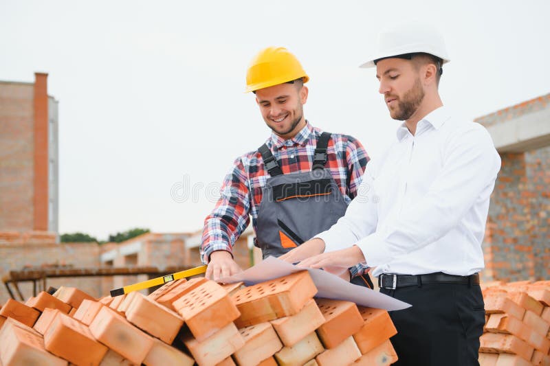 Engineer Architect with Hard Hat and Safety Vest Working Together in ...