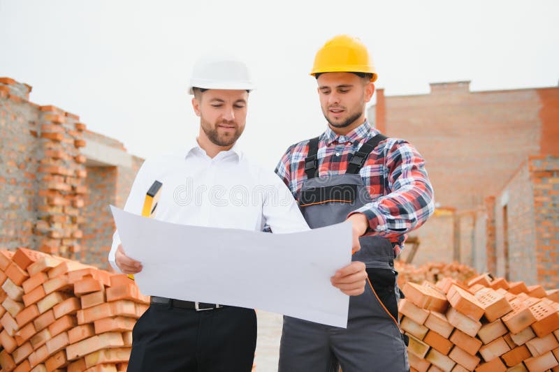 Engineer Architect with Hard Hat and Safety Vest Working Together in ...