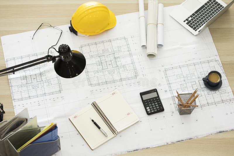 Engineer or Architect Office Desk Stock Photo - Image of calculator ...