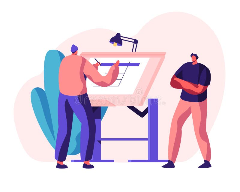 Engineer Architect Work on Draft Project on Drawing Board. Man Creator ...