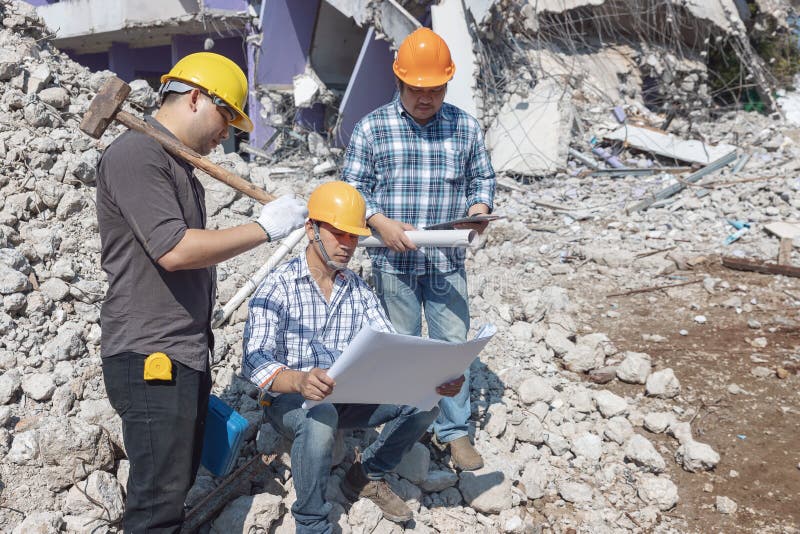 Engineer Architect and Worker Operation Control Demolish Old Building ...