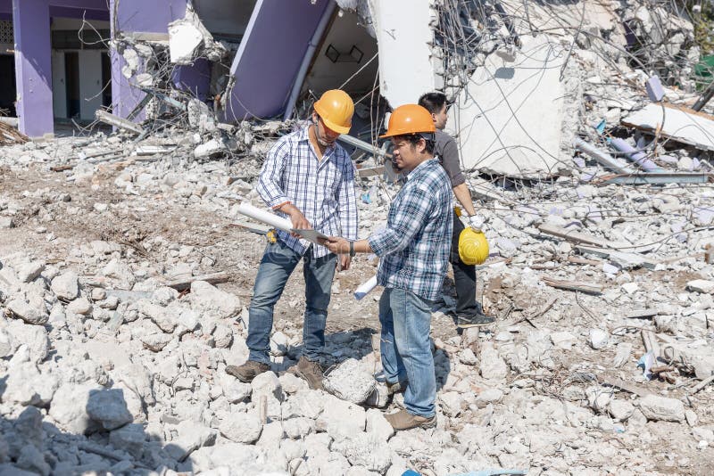 Engineer Architect and Worker Operation Control Demolish Old Building ...