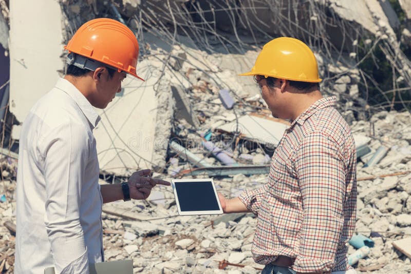 Engineer Architect and Worker Operation Control Demolish Old Building ...