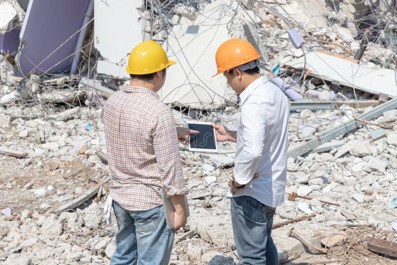 Engineer Architect and Worker Operation Control Demolish Old Building ...