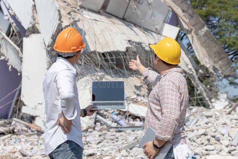Engineer Architect and Worker Operation Control Demolish Old Building ...