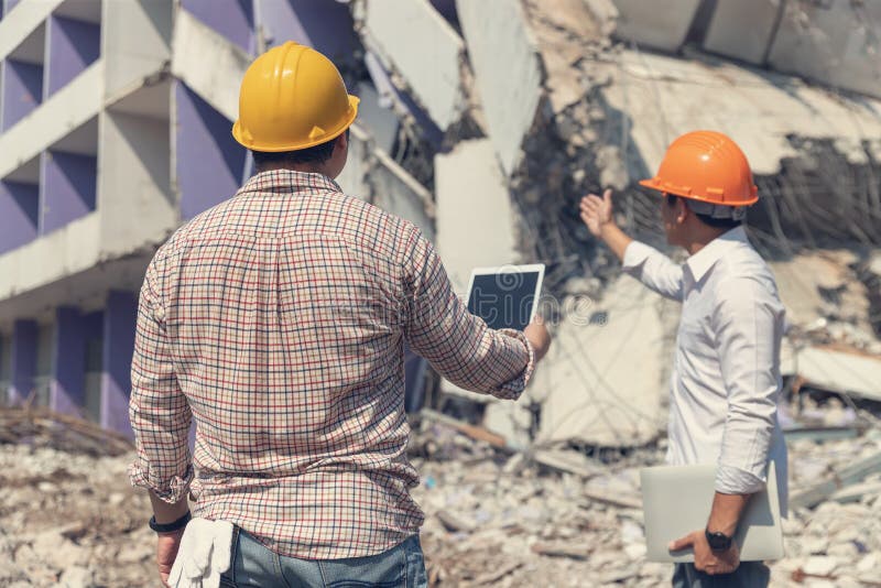 Engineer Architect and Worker Operation Control Demolish Old Building ...