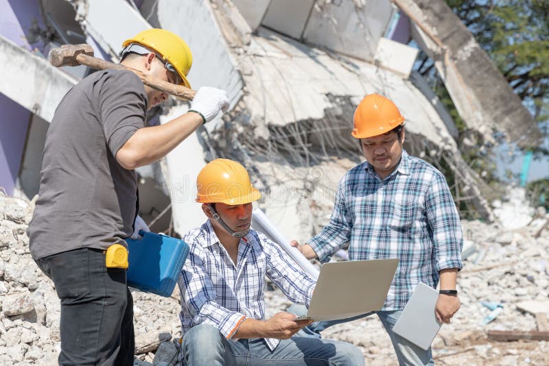 Engineer Architect and Worker Operation Control Demolish Old Building ...