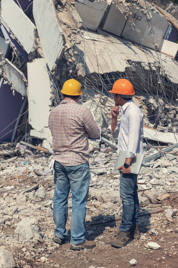 Engineer Architect and Worker Operation Control Demolish Old Building ...