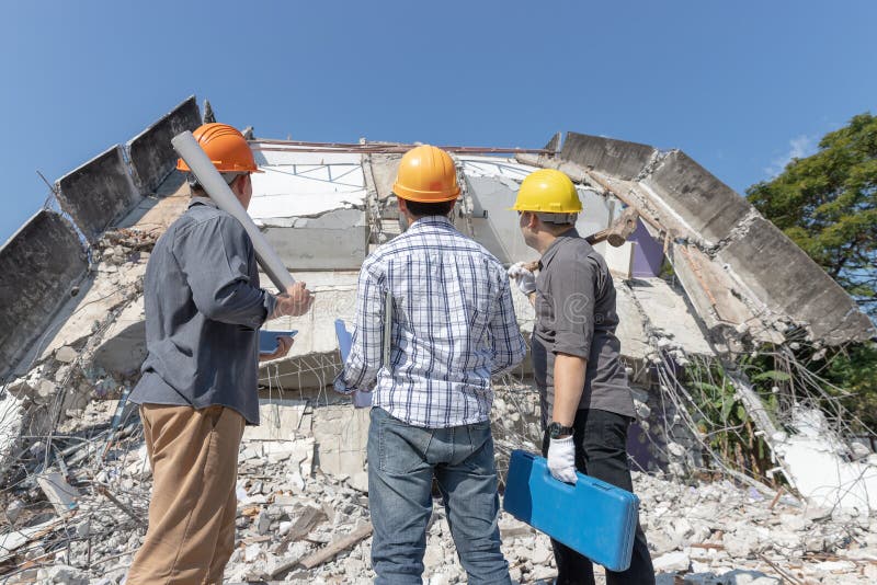 Engineer Architect and Worker Operation Control Demolish Old Building ...