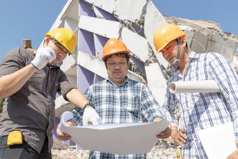 Engineer Architect and Worker Operation Control Demolish Old Building ...