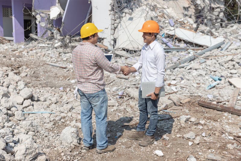 Engineer Architect and Worker Operation Control Demolish Old Building ...