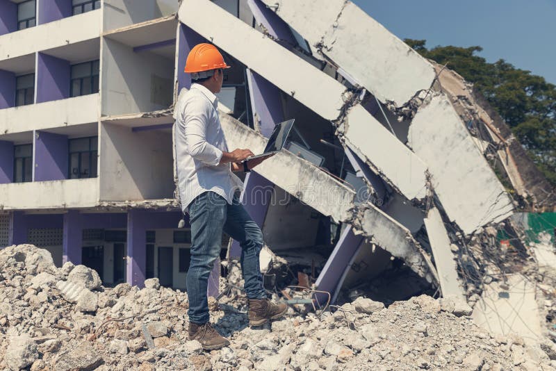 Engineer Architect and Worker Operation Control Demolish Old Building ...