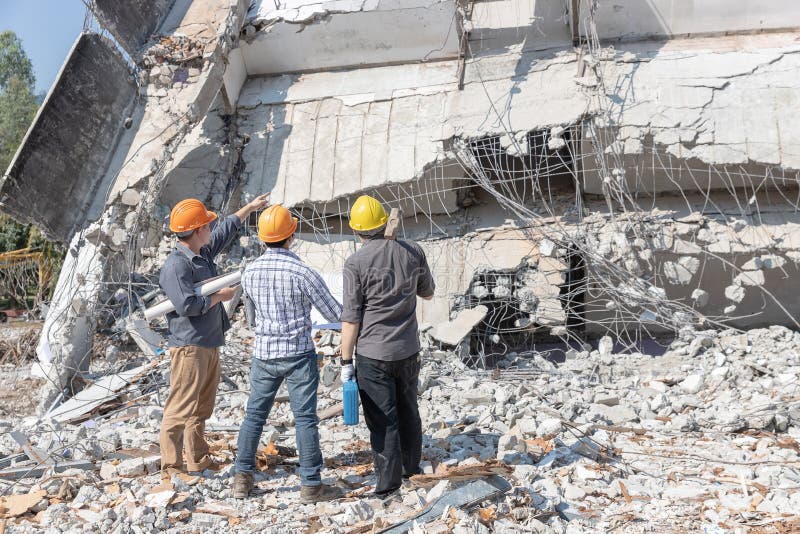 Engineer Architect and Worker Operation Control Demolish Old Building ...