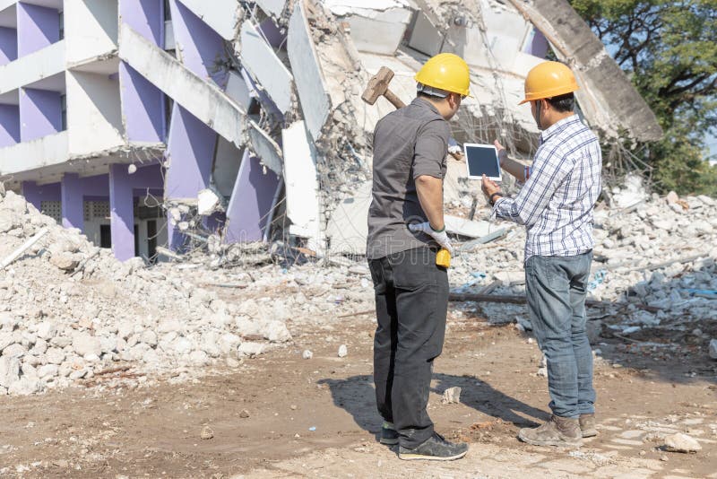 Engineer Architect and Worker Operation Control Demolish Old Building ...