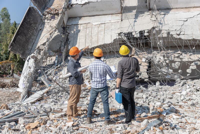 Engineer Architect and Worker Operation Control Demolish Old Building ...