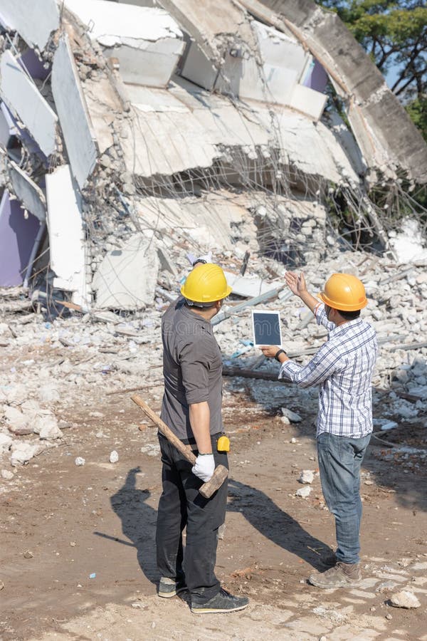 Engineer Architect and Worker Operation Control Demolish Old Building ...