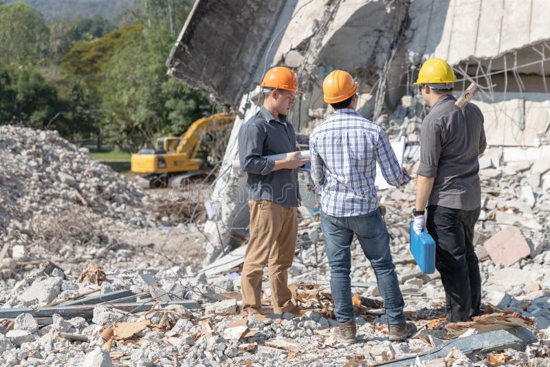 Engineer Architect and Worker Operation Control Demolish Old Building ...