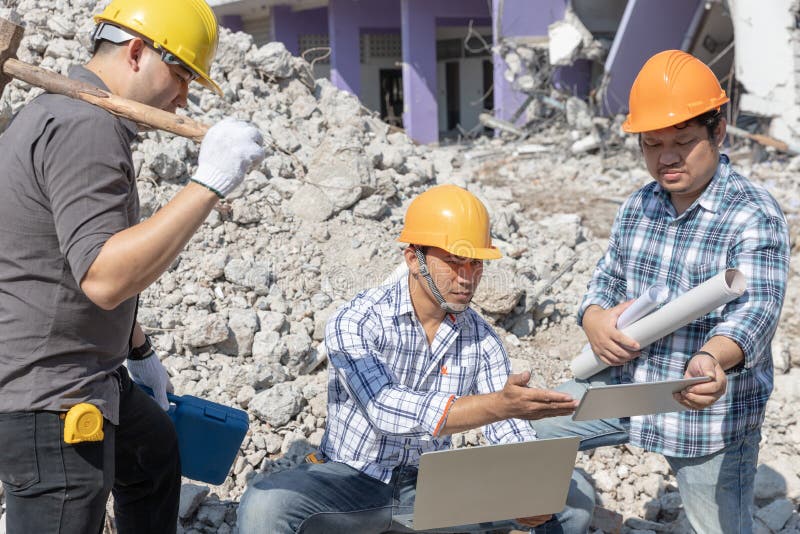 Engineer Architect and Worker Operation Control Demolish Old Building ...