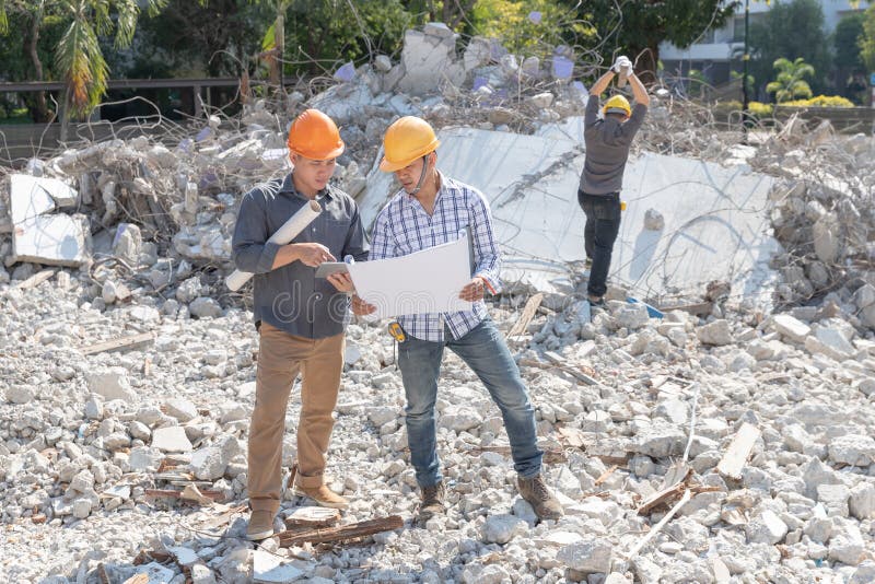 Engineer Architect and Worker Operation Control Demolish Old Building ...