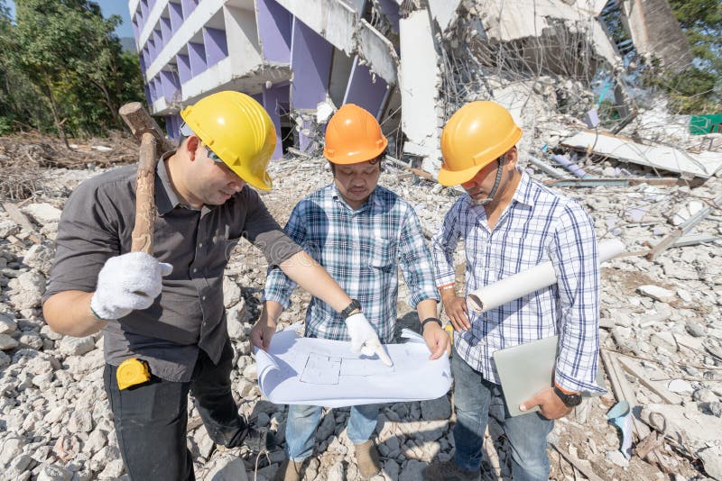 Engineer Architect and Worker Operation Control Demolish Old Building ...