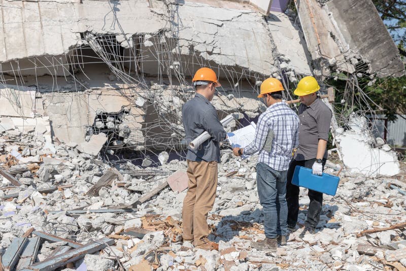 Engineer Architect and Worker Operation Control Demolish Old Building ...