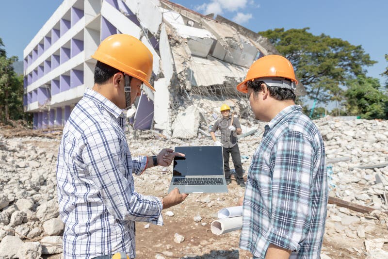 Engineer Architect and Worker Operation Control Demolish Old Building ...