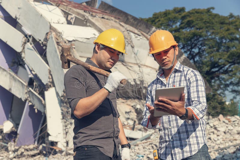 Engineer Architect and Worker Operation Control Demolish Old Building ...