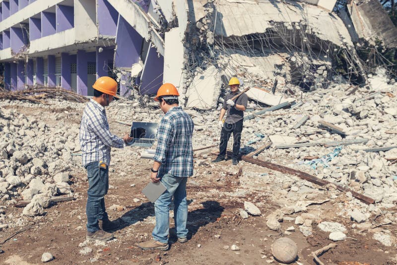 Engineer Architect and Worker Operation Control Demolish Old Building ...