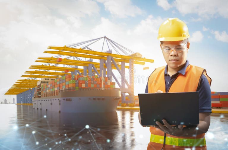 Engineer or Asian Worker Work at Container Terminal Port Stock ...