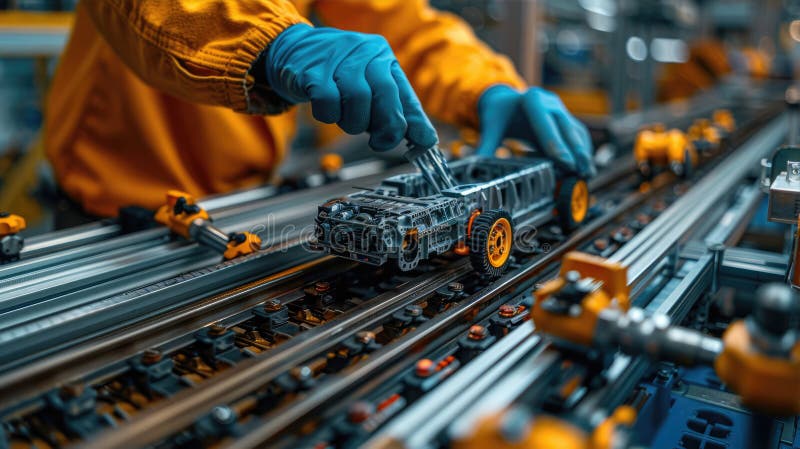 An Engineer Assembles an Electric Blue Toy Car at a Toy Factory Stock ...