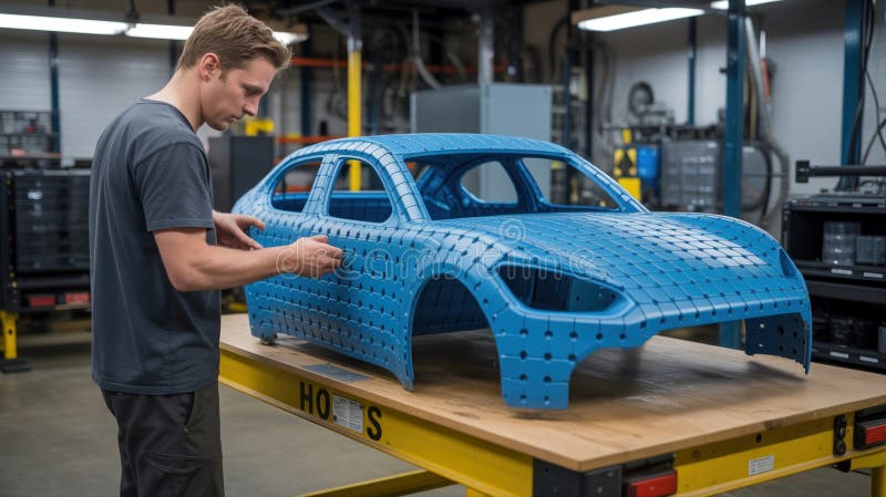 Engineer Assembling Modular Car Body from Polymer Tiles in Factory ...