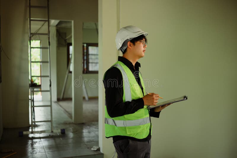 Engineer Assessing Construction Progress in a Renovation Site Stock ...