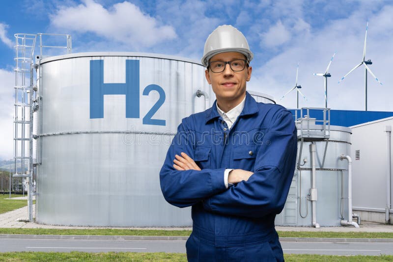 Engineer on a Background of Hydrogen Factory. Stock Image - Image of ...
