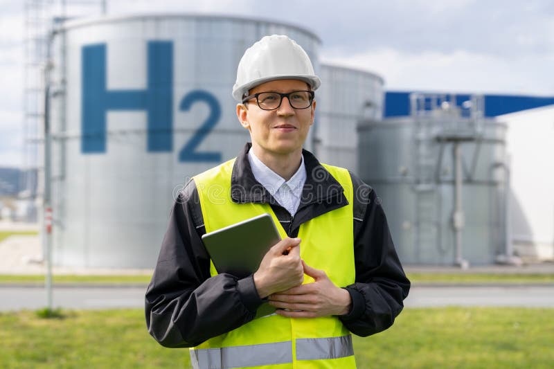 Engineer on a Background of Hydrogen Factory. Stock Image - Image of ...