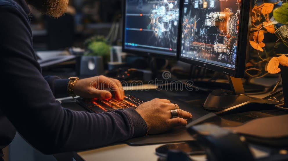 Engineer Beard Man Working on Desktop Computer, Screen Showing CAD ...