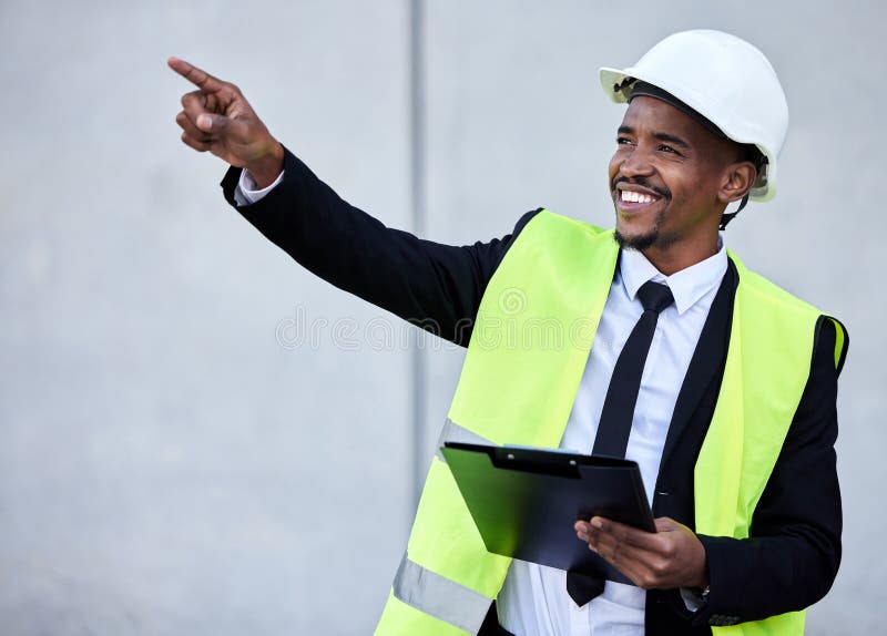 Engineer, Black Man or Architect Pointing on Site for Checklist ...