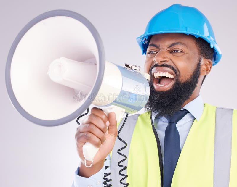 Engineer Black Man, Megaphone and Construction in Studio Portrait for ...