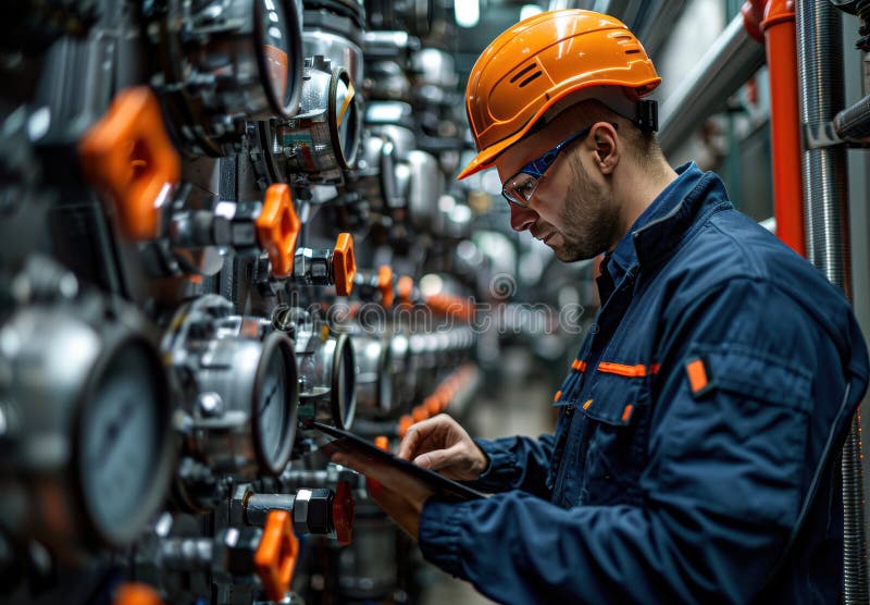 Engineer in Blue Overalls with Orange Helmet Checking Pipes in a Modern ...
