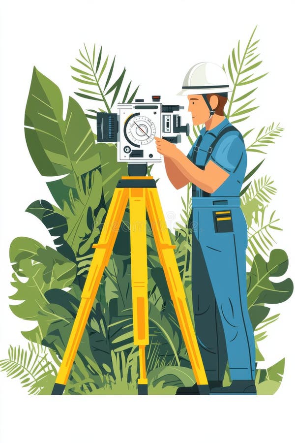 Engineer in Blue Overalls Using Survey Equipment in Nature Stock Photo ...
