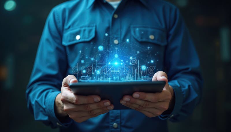 Engineer with Blue Shirt Holds Tablet. Futuristic Tech Connections ...
