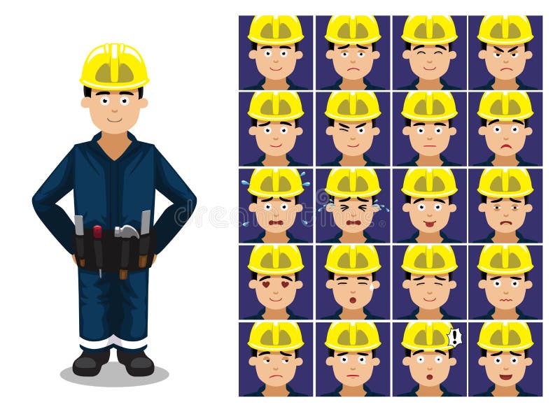 Engineer Blue Uniform Cartoon Emotion Faces Vector Illustration Stock ...