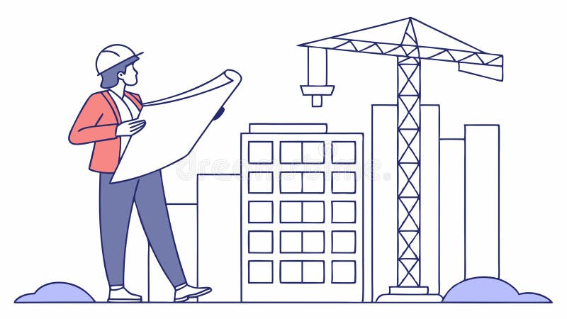 Engineer with Blueprint at Urban Construction Site, Vector Design ...