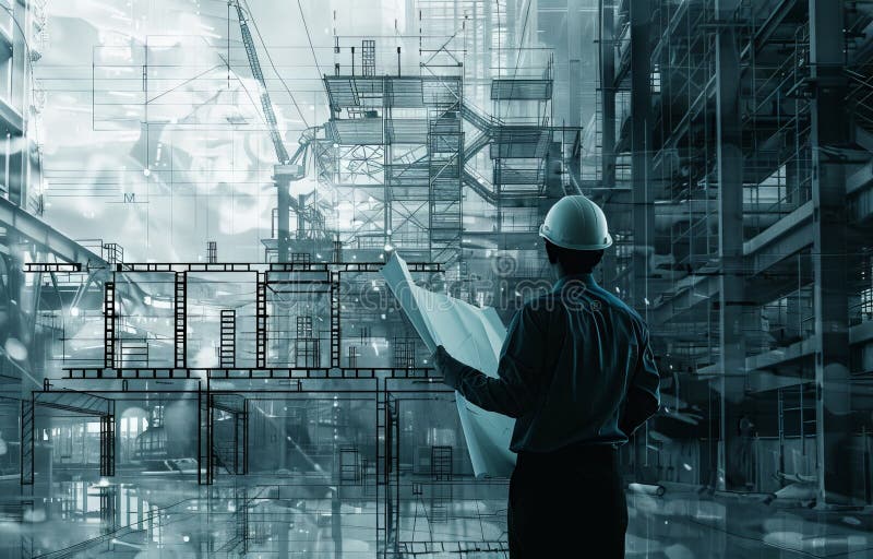 Engineer with Blueprints and Structural Designs Imposed on an ...