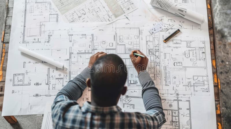 Engineer Brainstorming and Measuring for Cost Estimating on Blueprint ...