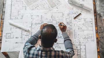 Engineer Brainstorming and Measuring for Cost Estimating on Blueprint ...