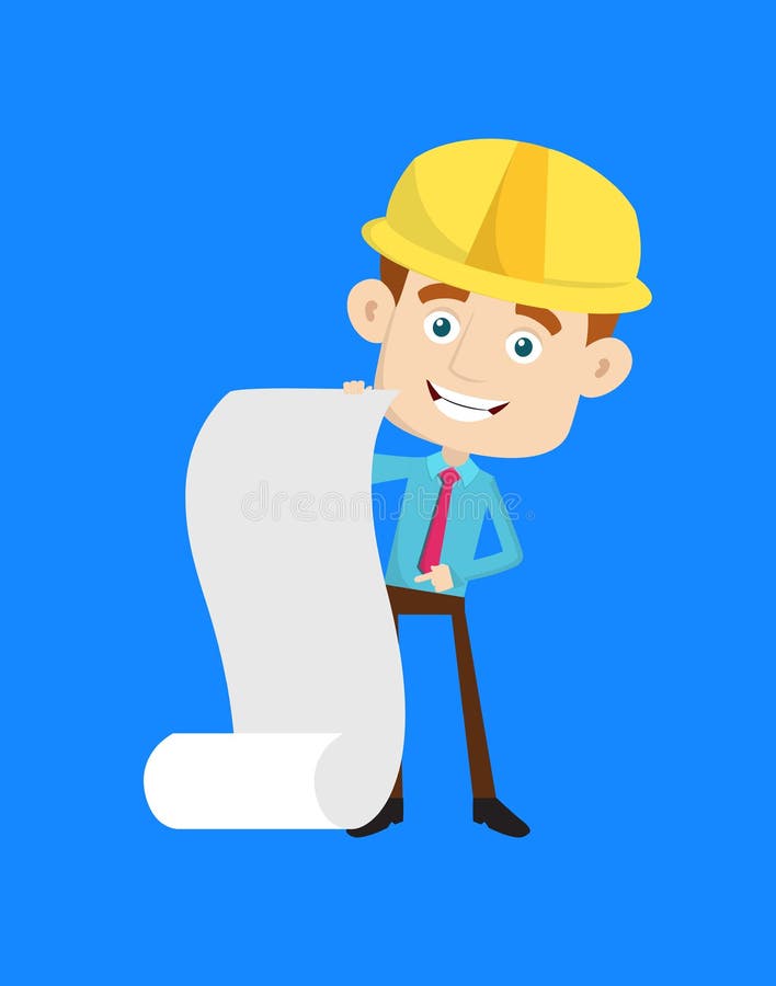 Man Architect Showing Blueprint Or Draft Of Building Design Vector Illustration Stock Vector